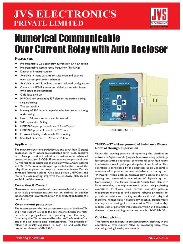 Jvs Make JNC 068 Calps Numerical Earth Fault Relay With Scada 80 265v Ac DC | PDF