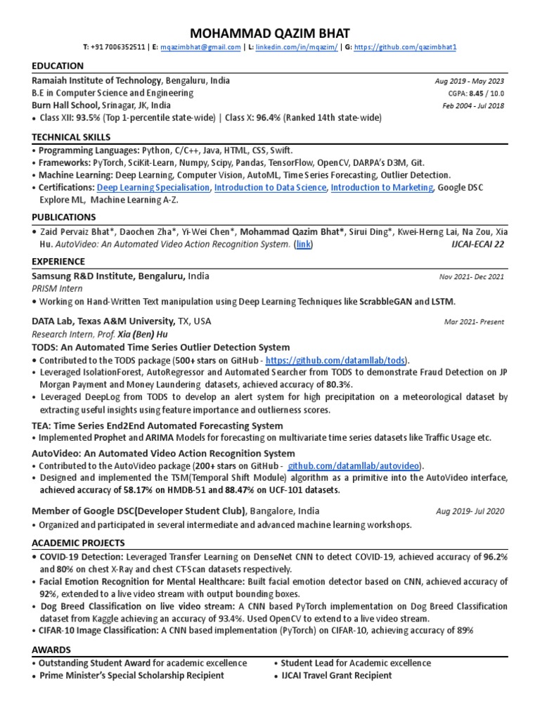 Mohammad Qazim Bhat's Resume: An accomplished Computer Science student ...