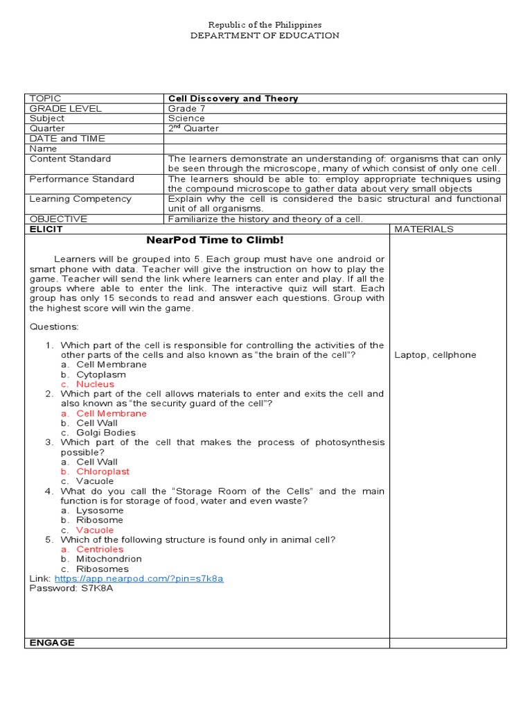 Cell Discovery and Theory for Grade 7 | PDF | Cell (Biology) | Learning