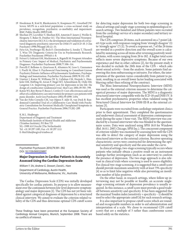 Major Depression in Cardiac Patients Accurately Assessed Using Cardiac ...