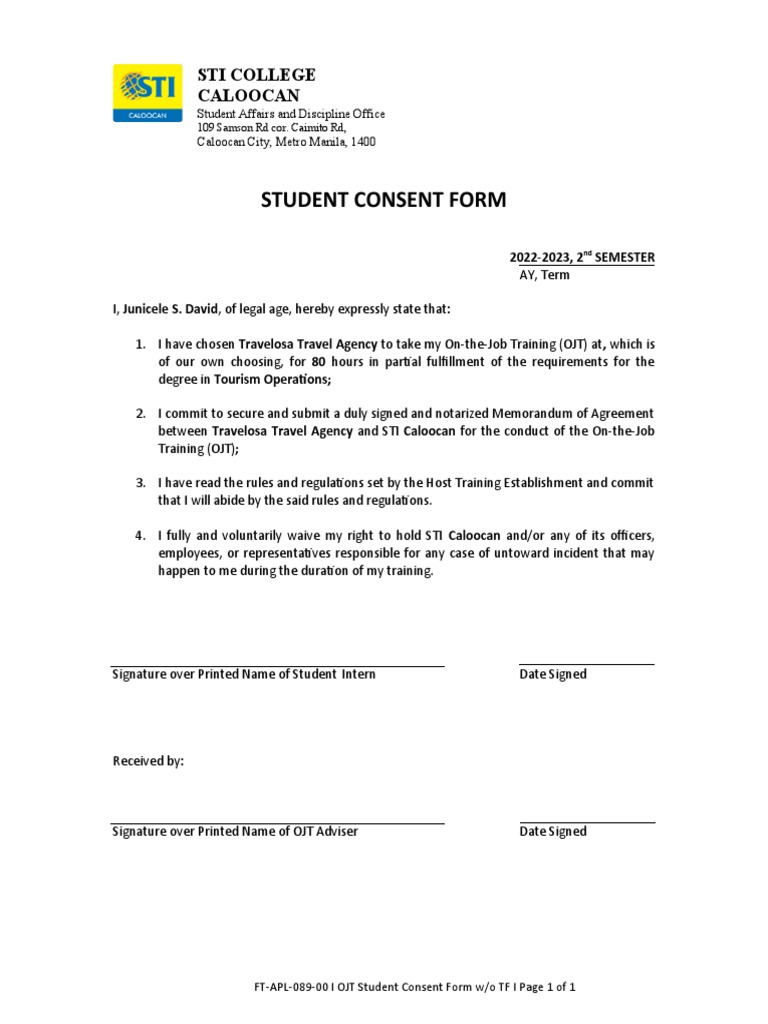 OJT Student Consent Form 2022-2023 | PDF