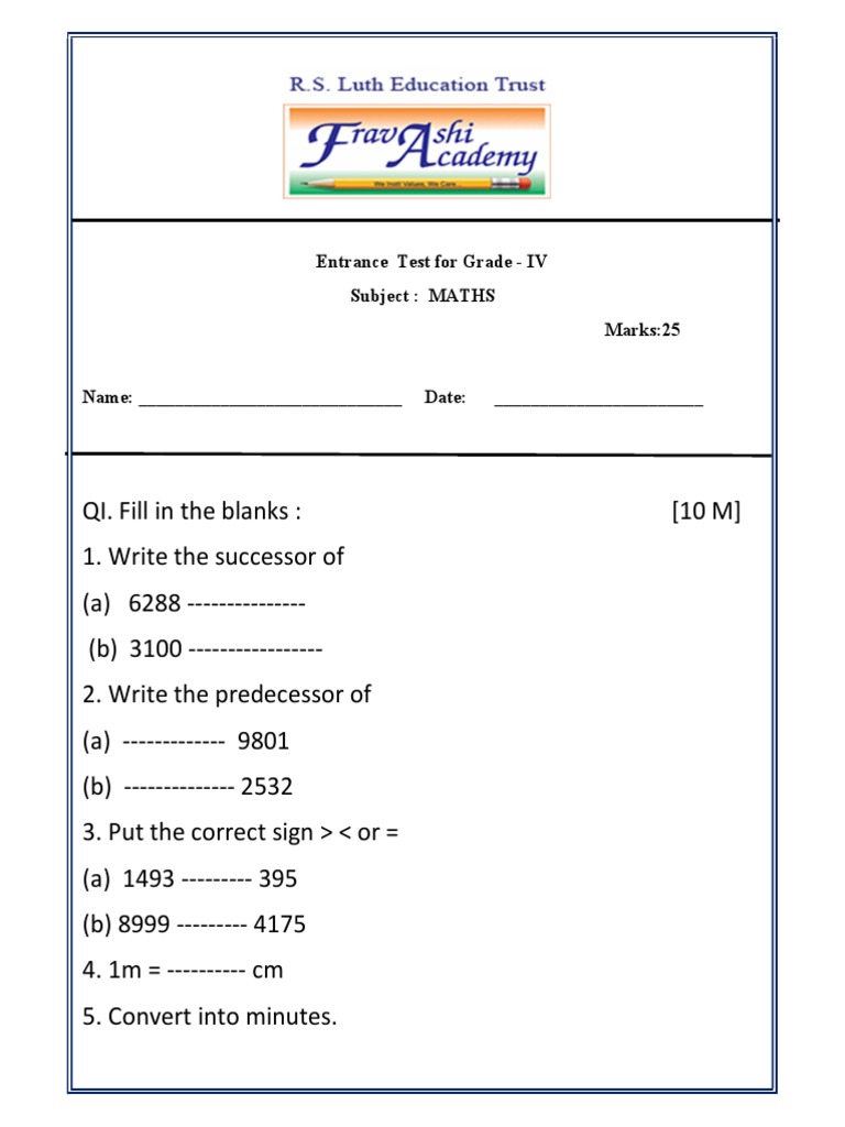 Entrance MATHS QUES PAER 1 PDF | PDF | Teaching Methods & Materials