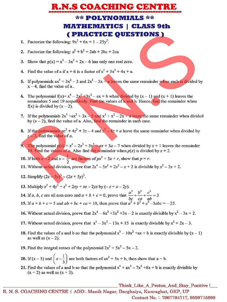 01 - POLYNOMIALS - ASSIGNMENT - 1 - CLASS - 9th - RNS CLASSES | PDF