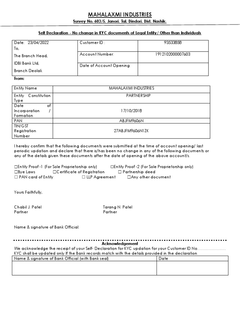 Non Individual Self Declaration for Re KYC | PDF