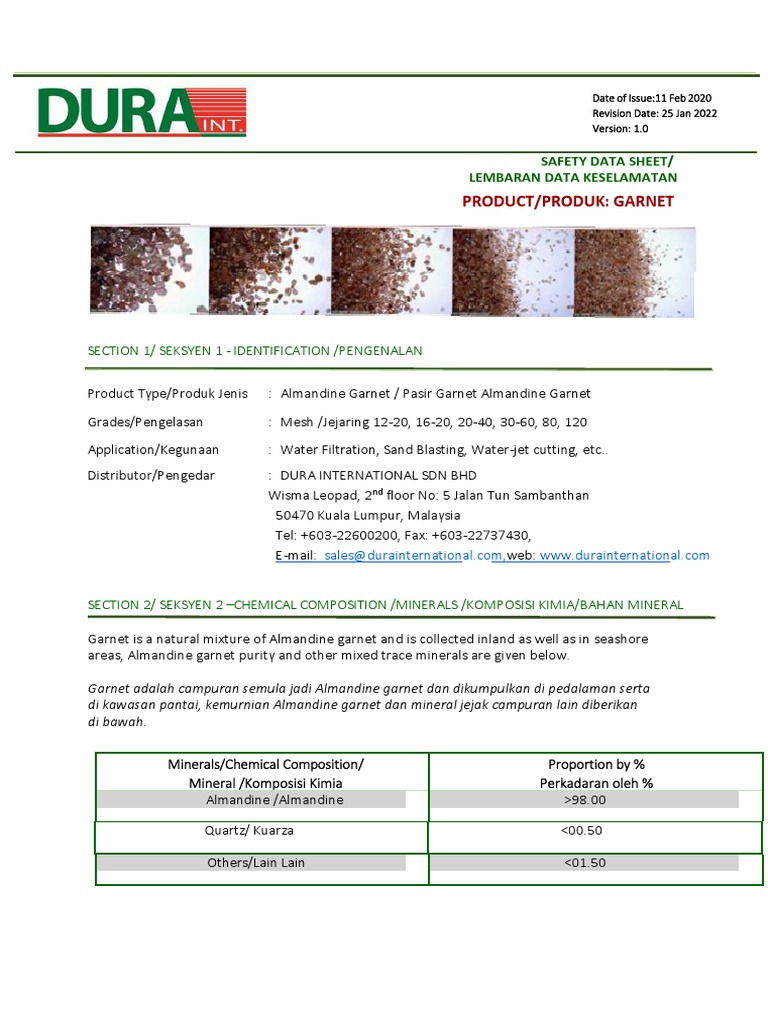 Garnet Safety Data Sheet Overview | PDF | Physical Sciences | Chemistry