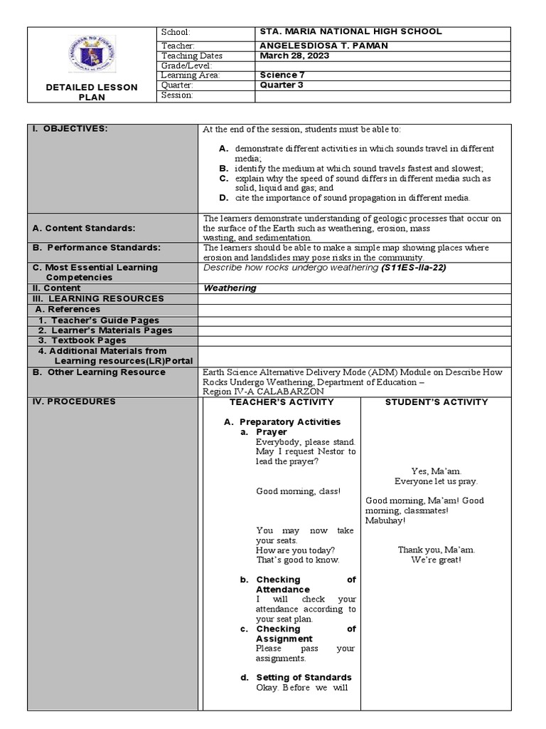 ANGELESDIOSA - PAMAN - DETAILED LESSON PLAN - SHS Applicant481 | PDF | Weathering | Rock (Geology)