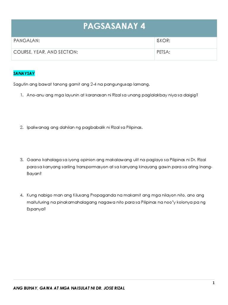 Pagsasanay 4: Pangalan: Iskor: Course, Year, and Section: Petsa | PDF