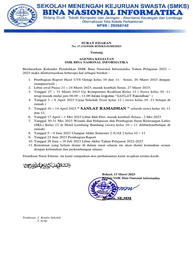 Surat Edaran Libur Awal Puasa 2023 | PDF