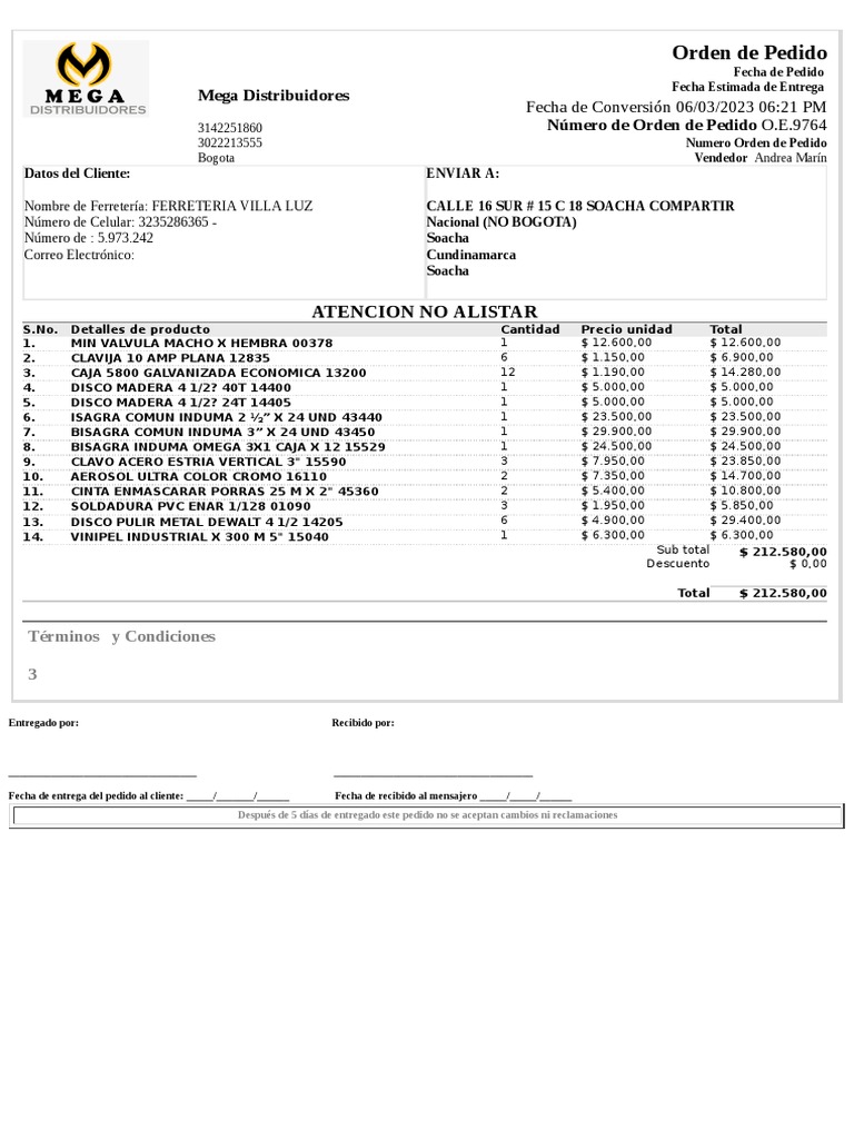 Pedido de Ferretería Villa Luz Soacha | PDF