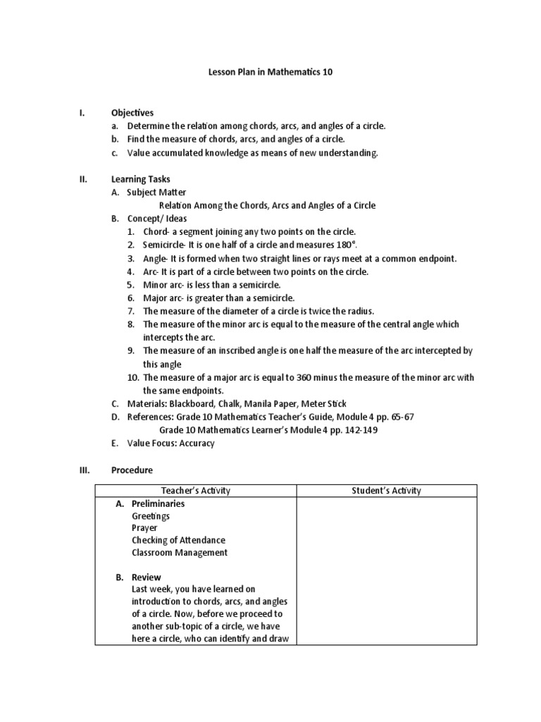 Lesson Plan in Mathematics 10 | PDF | Circle | Angle