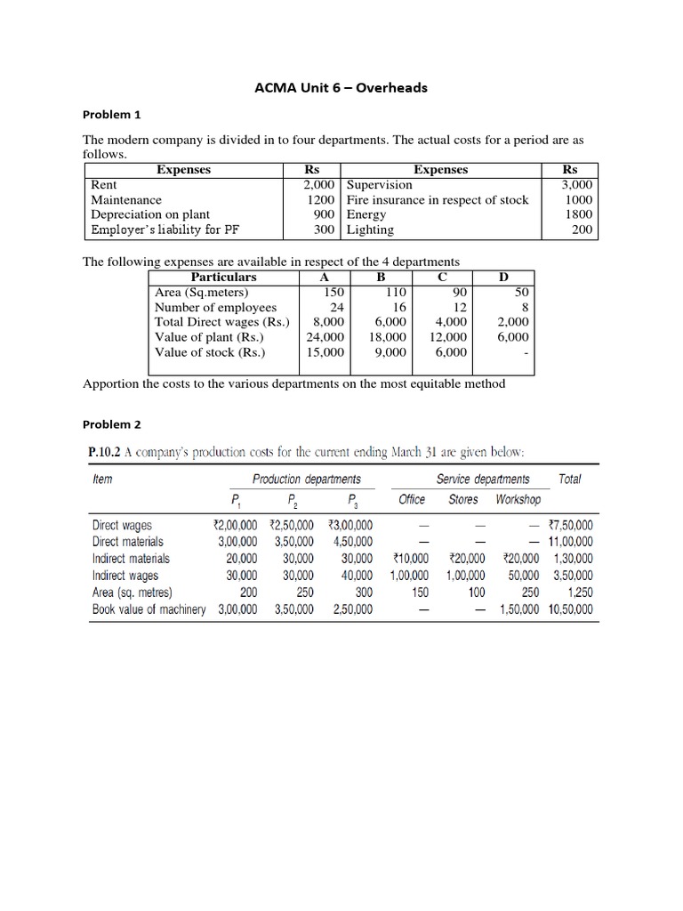 ACMA Unit 6 Problems - Overheads PDF | Download Free PDF | Expense | Depreciation