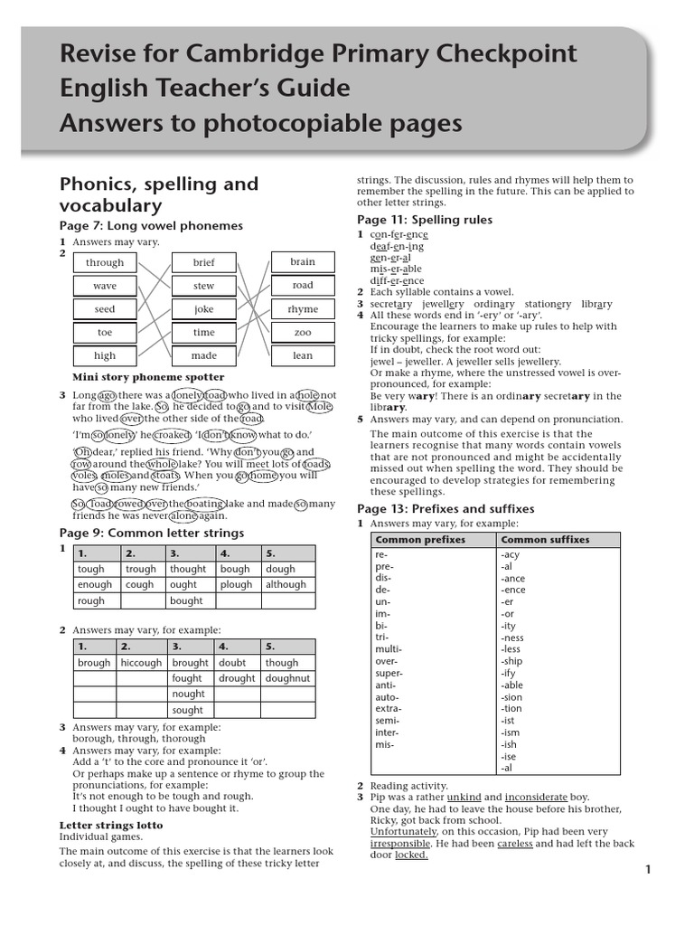 Answer of Revise For Cambridge Primary Checkpoint | PDF | Syllable | Goldilocks And The Three Bears