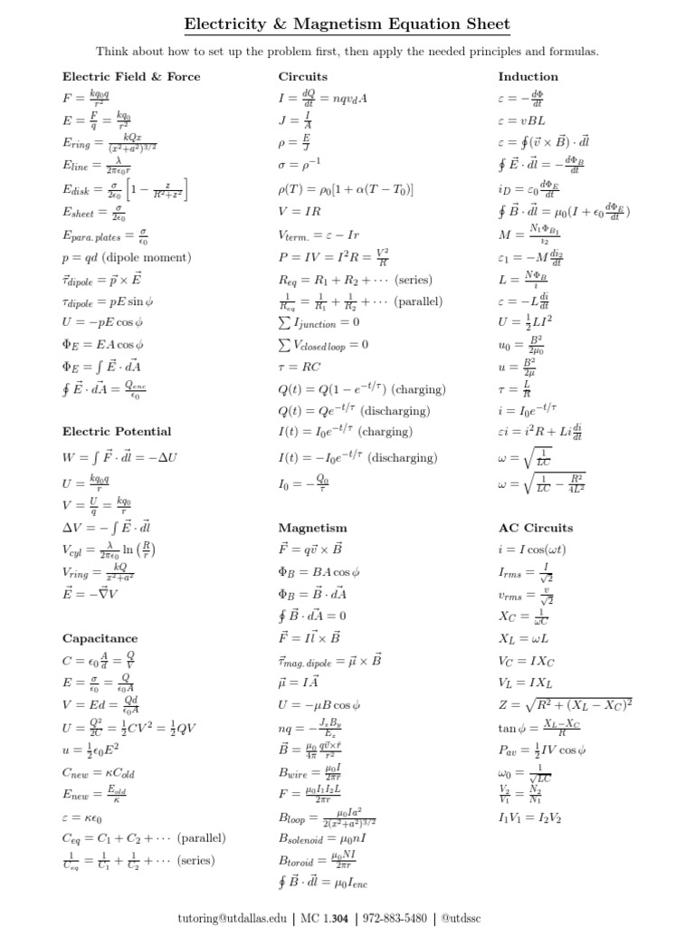 Electromagnetism Equation Sheet!!!! | PDF | Electrical Engineering | Physical Sciences