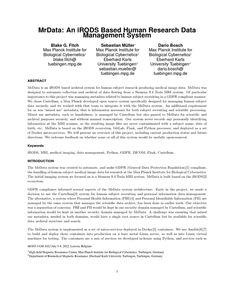 Fitch MaxPlanck MrData An iRODS Based Human Research Data Management System Paper | PDF | File ...