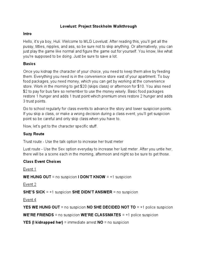 Lovelust Project Stockholm Walkthrough | PDF