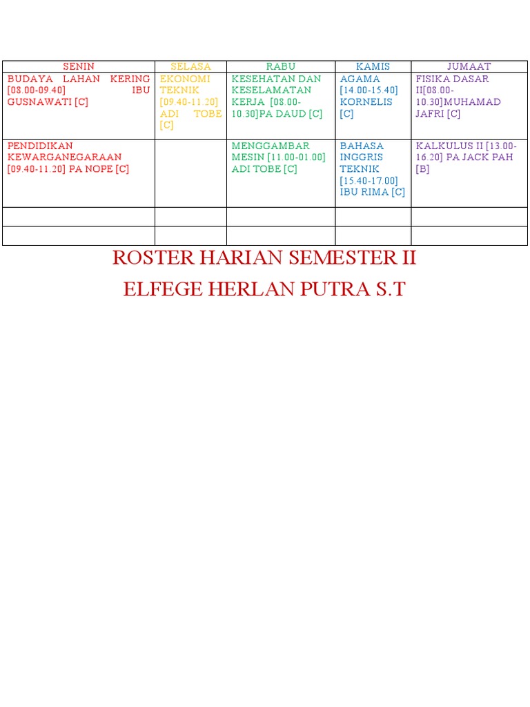 Roster Harian Semester Ii | PDF