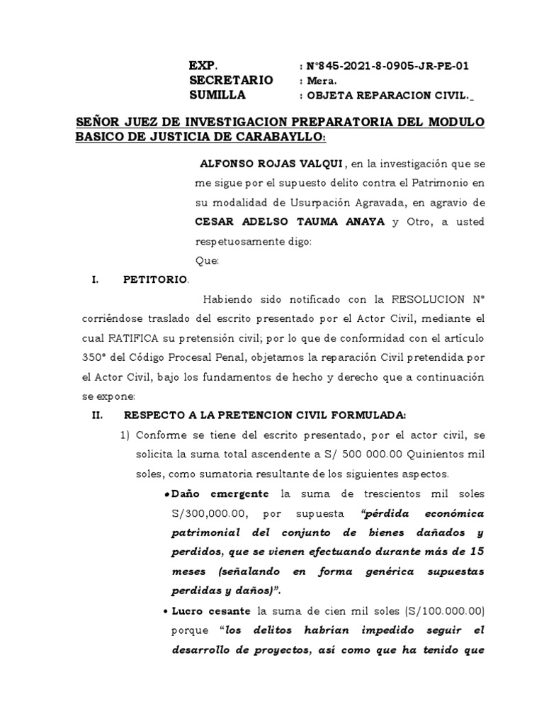 Objeta Reparacion Civil Alfonso | PDF | Daños y perjuicios | Bienes (Ley)