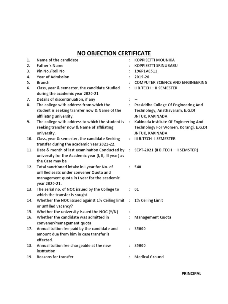 NOC (B.Tech & Diploma) College Transfer Format | PDF | Academic Term ...