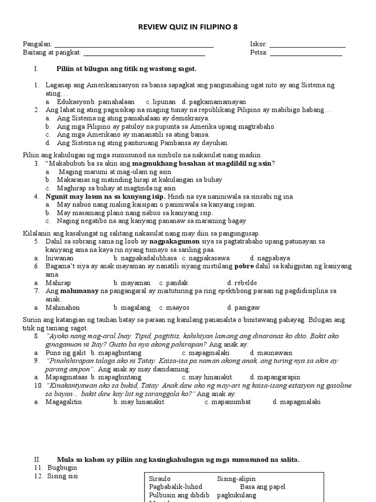 Review Quiz Fil 8 | PDF