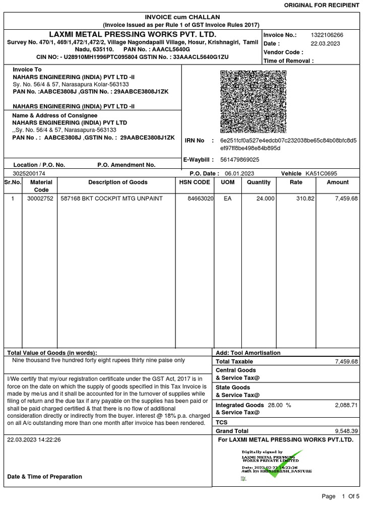 Laxmi Metal Press Ing Works Pvt. LTD.: Invoice Cum Challan | Download ...