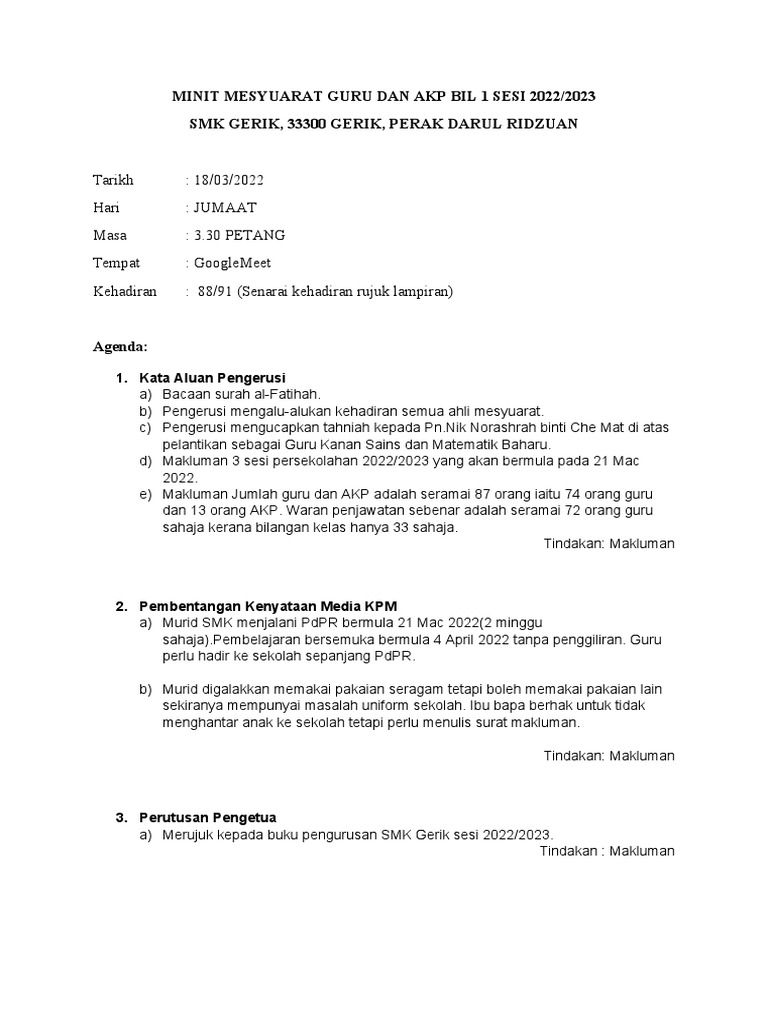Minit Mesyuarat Guru Dan AKP Bil 1 2022 | PDF