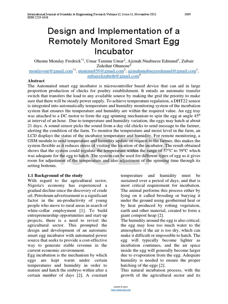 Design and Implementation of A Remotely Monitored Smart Egg Incubator ...