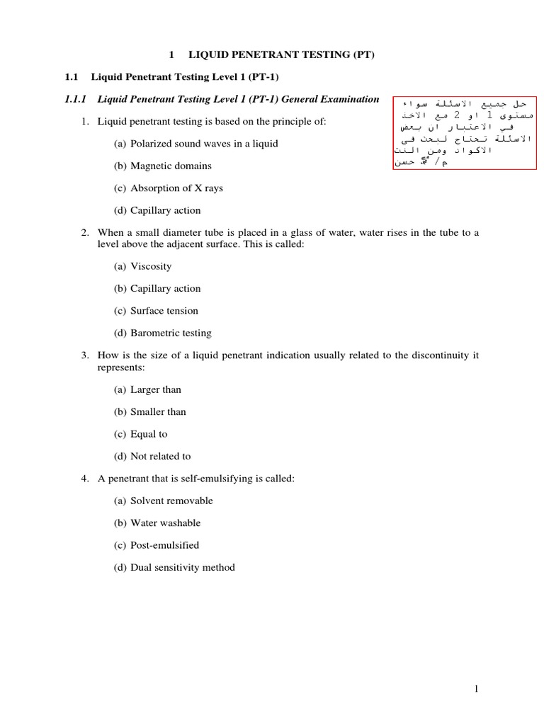 LIQUID PENETRANT TESTING (PT) Questions & Answers | PDF | Chemistry ...