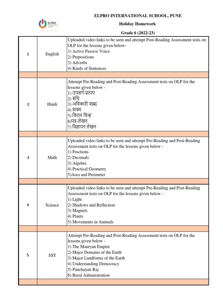 OLP - Holiday Homework-Grade 6 | PDF