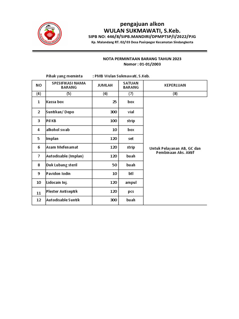 Contoh Nota Permintaan Barang | PDF