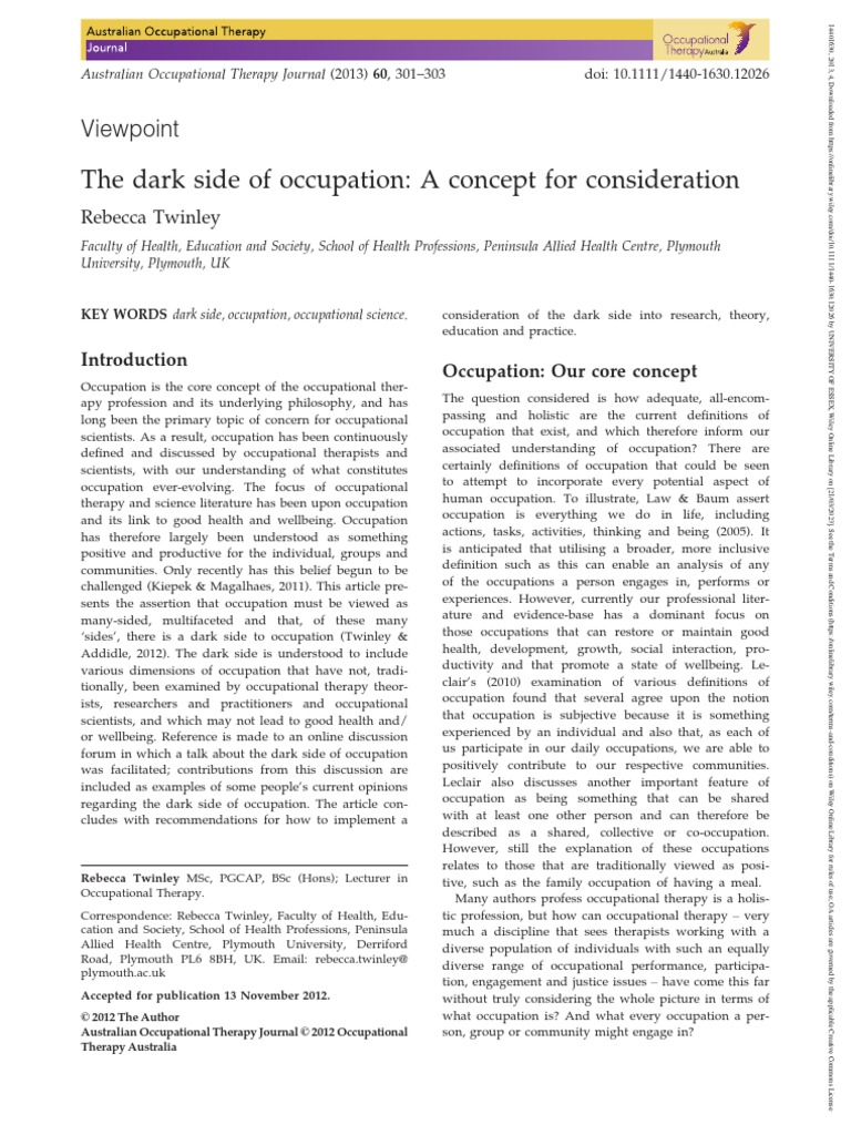 Aus Occup Therapy J - 2012 - Twinley - The Dark Side of Occupation A ...