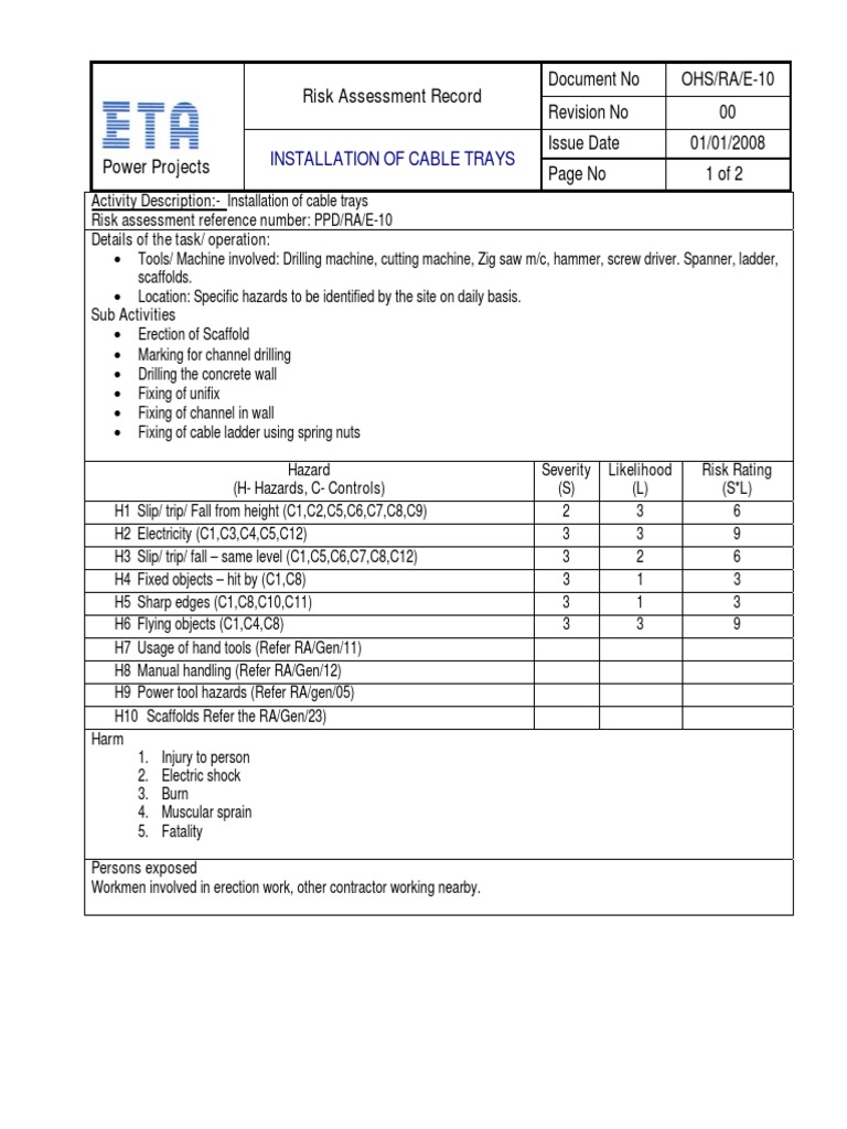 Cable Tray Installation Risk Assessment | PDF | Safety | Occupational ...