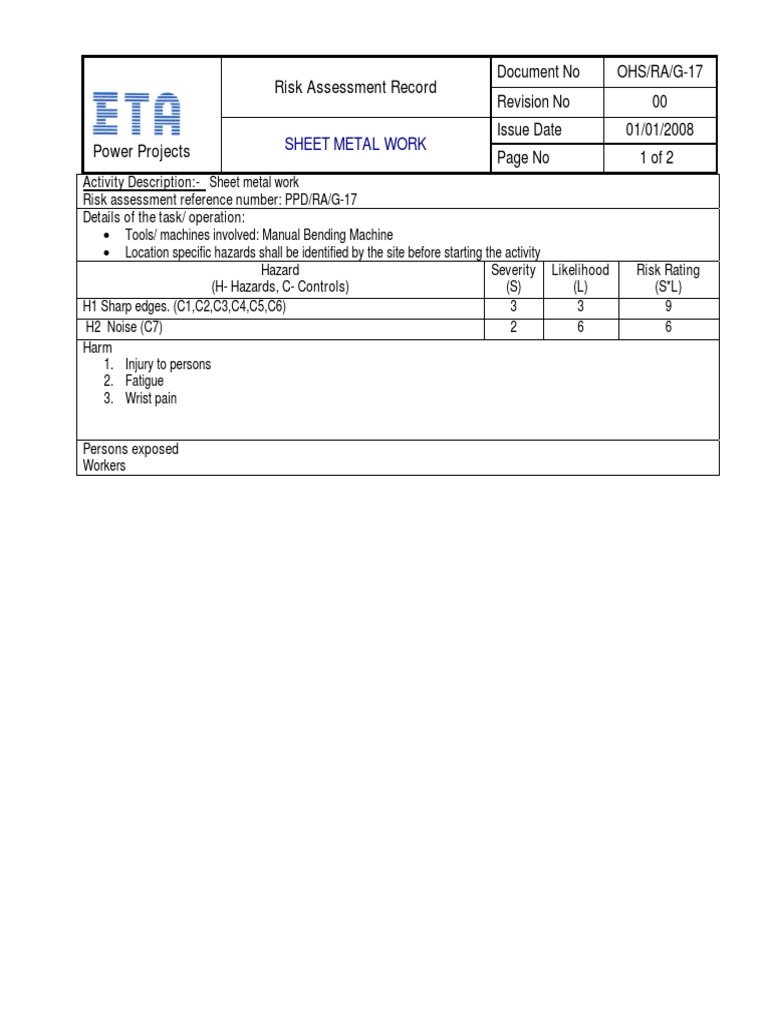 17sheet Metal Work | PDF | Risk Assessment | Sheet Metal