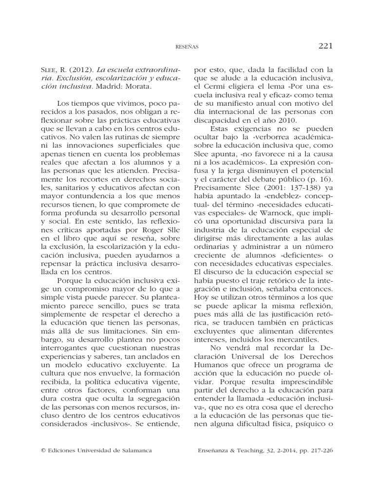 Texto Roger Slee | PDF | Inclusión (Educación) | Exclusión social