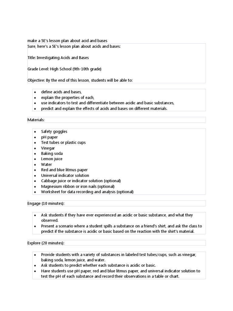 5e's Lesson Plan | PDF | Ph | Acid