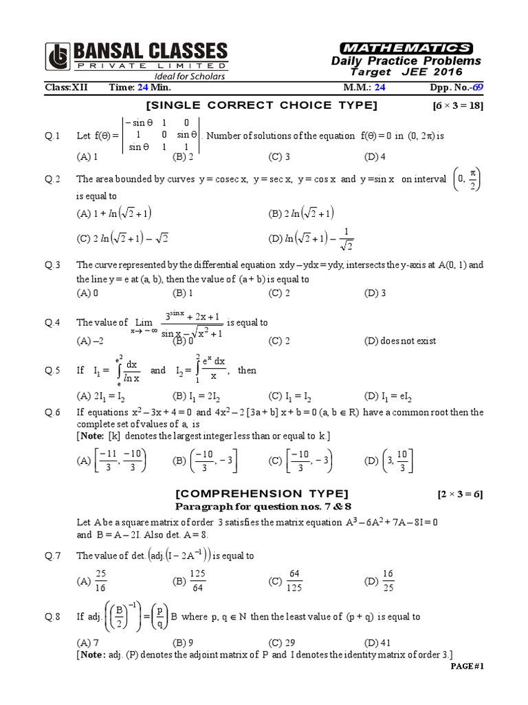 DPP (69-70) - 12th - Maths - 2015 - E | PDF | Equations | Mathematical Physics