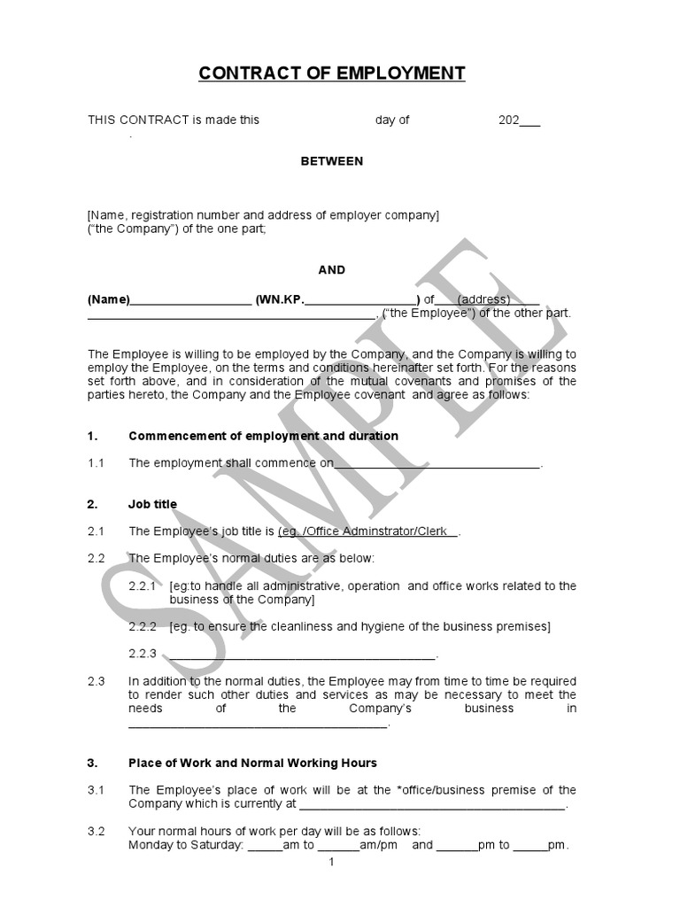 Contract of Employment Template 0 | Download Free PDF | Employment ...