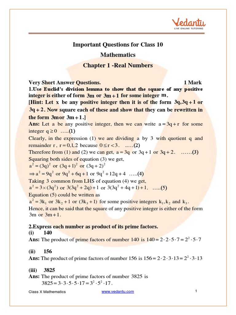 CBSE Class 10 Maths Chapter 1 Real Numbers Important Questions 2022-23 PDF | PDF | Rational ...