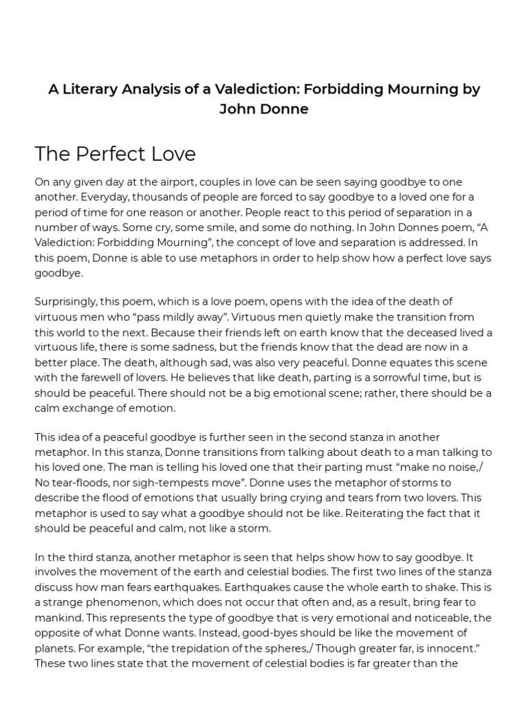 A Literary Analysis of A Valediction - Forbidding Mourning by John Donne - (Essay Example), 1016 ...