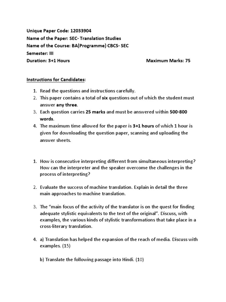 Translation Studies Question Paper 2021 OBE | PDF | Translations ...