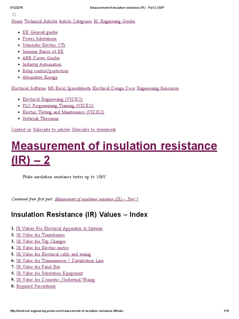 Measurement of Insulation Resistance (IR) - Part 2 - EEP PDF | PDF ...