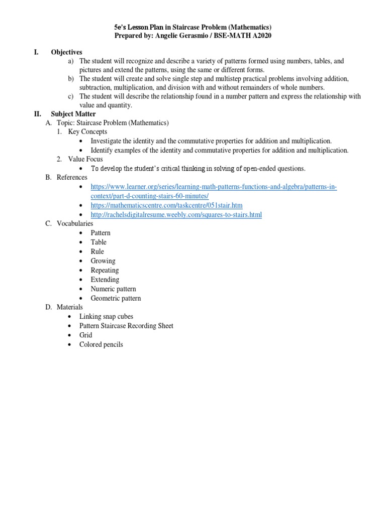 5E Lesson Plan: Staircase Patterns | PDF | Pattern | Understanding