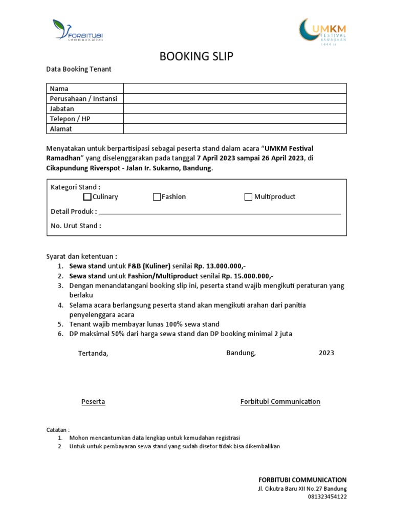 Slip Booking Stand UMKM Festival | PDF