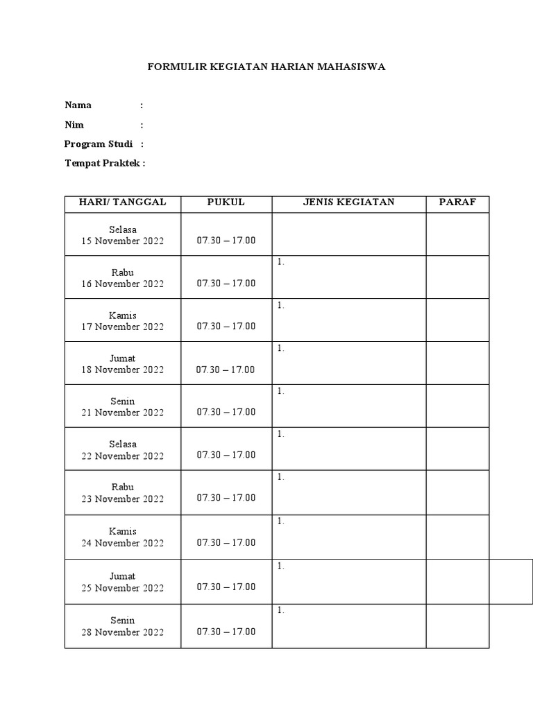 Contoh FORMULIR KEGIATAN PKL MAHASISWA | PDF