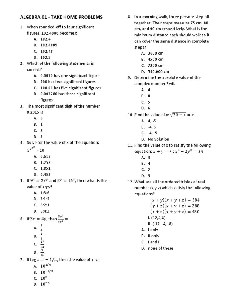 Algebra 1 - Take Home Problems | Download Free PDF | Factorization | Equations