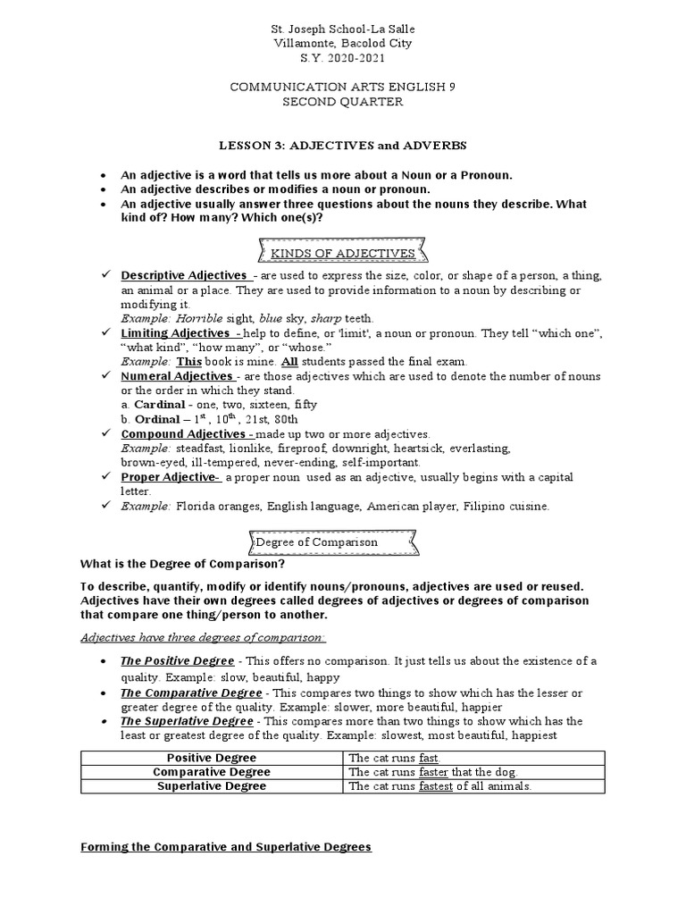 ADJECTIVES and ADVERBS HANDOUT | PDF | Adjective | Noun