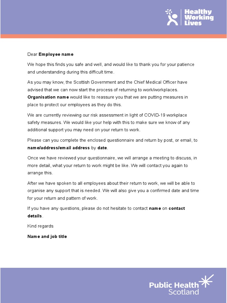 Return to work cover letter template | PDF