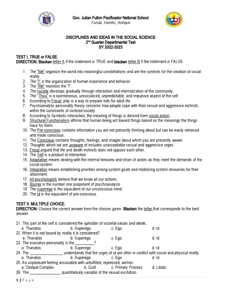 DISS 2nd Quarter Exam 2022-2023 | PDF | Id | Oedipus Complex