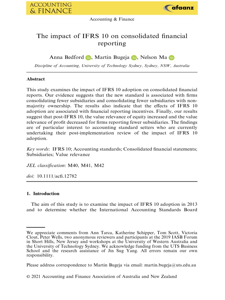 Bedfort Et Al 2021 - The Impact of IFRS10 On Consolidated Financial Reporting | PDF ...