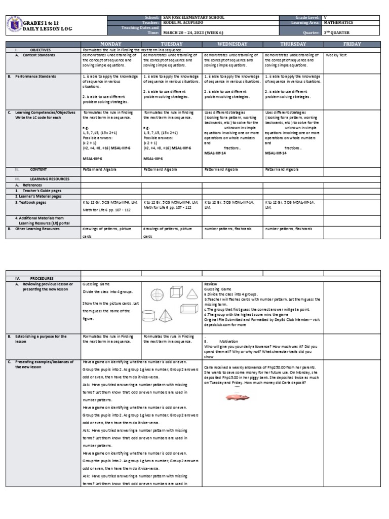 DLL - Mathematics 5 - Q3 - W6 | PDF | Flashcard | Cognitive Science