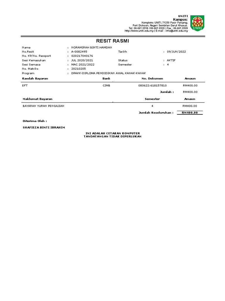 Resit Rasmi: Uniti | PDF